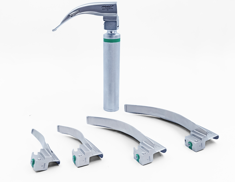 Set Laringoscopio Macintosh 5 Hojas Curvas Fibra Optica con Mango ...