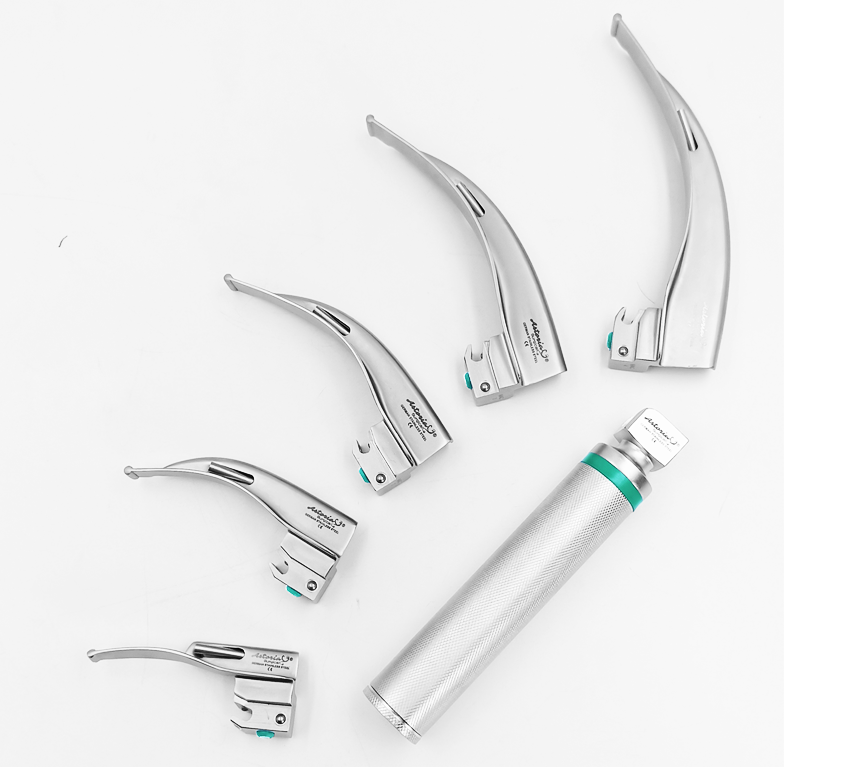 Set Laringoscopio Macintosh 5 Hojas Curvas Fibra Optica con Mango ...