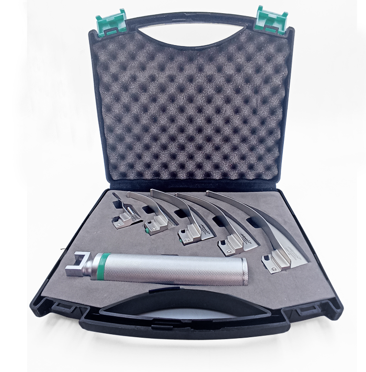 Set Laringoscopio Macintosh 5 Hojas Curvas Fibra Optica con Mango ...